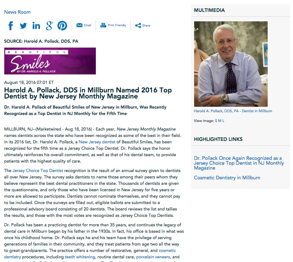 Harold A. Pollack, DDS in Millburn Named 2016 Top Dentist by New Jersey ...